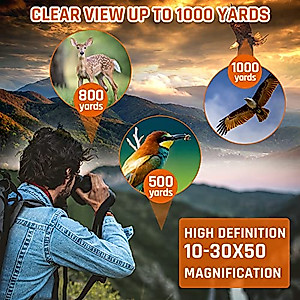 10-30x50 Zoom Binoculars for Adults, High Powered Military Binoculars for Bird Watching Traveling Hunting Concerts with Large View,BAK4,FMC Lens,Clear Low Light Vision at Night