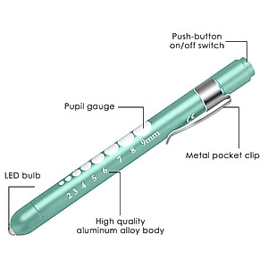 FITA Medical Pen Lights for Nurses Doctors, 2 Pack Reusable Penlight LED Tactical White Light with Pupil Gauge and Ruler, Replaceable Batteries (Pale Pink/Teal Green)