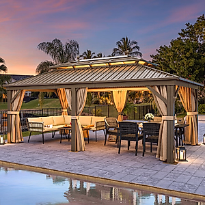 YITAHOME 12x20 ft Hardtop Gazebo with Nettings and Curtains, Outdoor Heavy Duty Aluminum Gazebo Combined of Horizontal and Vertical Stripes Roof for Patio, Backyard, Deck, Lawns and Balcony (Bronze)