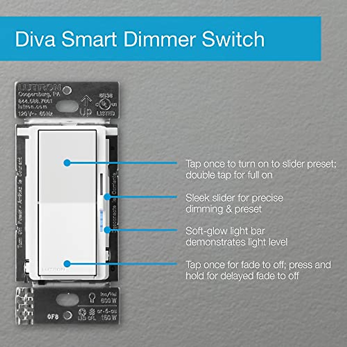Lutron Diva Smart Dimmer Switch for Caseta Smart Lighting (Lutron Smart Hub Required), for LED Lights, 150 Watt, Single-Pole/3Way, No Neutral Required, DVRF-6L-GR, Gray