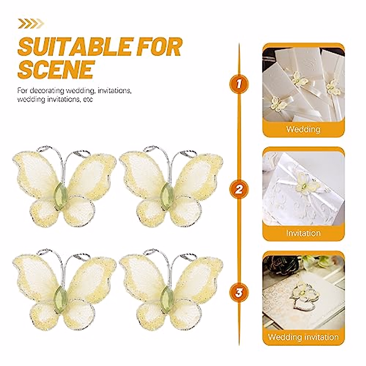 Mesh Glitter Butterfly 50Pcs Sheer Mesh Glitter Butterflies, Mesh Wire Glitter Butterfly with Gem DIY Butterfly Craft for Home Wedding Party Wall Decorations (Yellow)