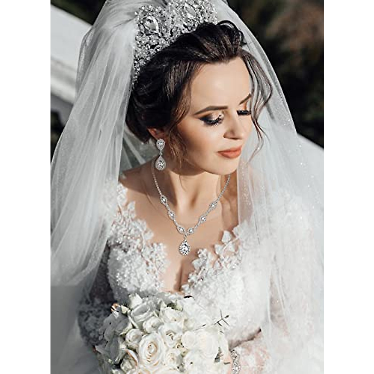 Jstyle Bridal Wedding Jewelry Set Silver Rhinestone Necklace Bracelet Dangle Earrings for Bride Bridesmaid Teardrop Pendants Crystal Prom Costume Jewelry Accessories for Women (3 piece set) B