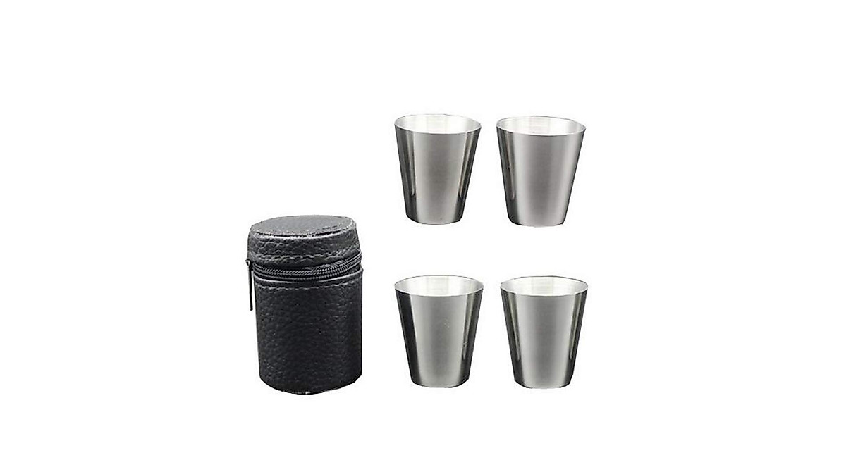 Stainless Steel Shot Cups with Leather Case - 4 Pack