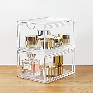 AMEITECH Stackable Cosmetic Organizer Drawers, Acrylic Clear Makeup Organizer, Vanity Container Drawer for Cosmetics, Skin Care, Hair Accessories, Bathroom Counter or Dresser - Set of 2