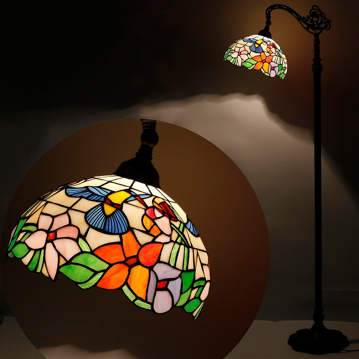 WERFACTORY Tiffany Floor Lamp Hummingbird Amber Stained Glass Arched Lamp 12X18X64 Inches Gooseneck Adjustable Corner Standing Reading Light Decor Bedroom Living Room S101 Series