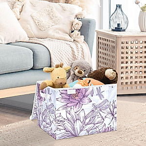 Joisal Purple Lilies And Dragonflies Baskets with Lids for Organizing Fabric Storage Bins for Shelves for Home Bedroom Office