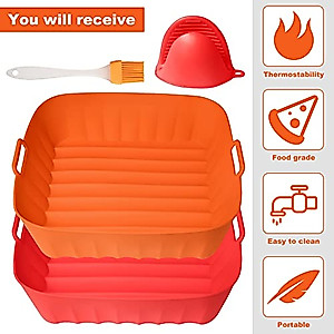 2-Pack Air Fryer Silicone Liners Square, 8.3 inch Silicone Air Fryer Basket or Liners for 4 to 8 QT Reusable Air Fryer Pot for Oven Microwave Accessories (Red+Orange)