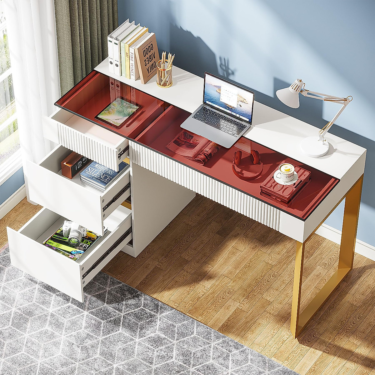 Tribesigns Computer Desk with 4 Drawers, 47 Inch Modern Home Office Desk with Glass Top, White and Gold Writing Workstation Desk with Storage, Makeup Vanity Table for Living Room, Bedroom