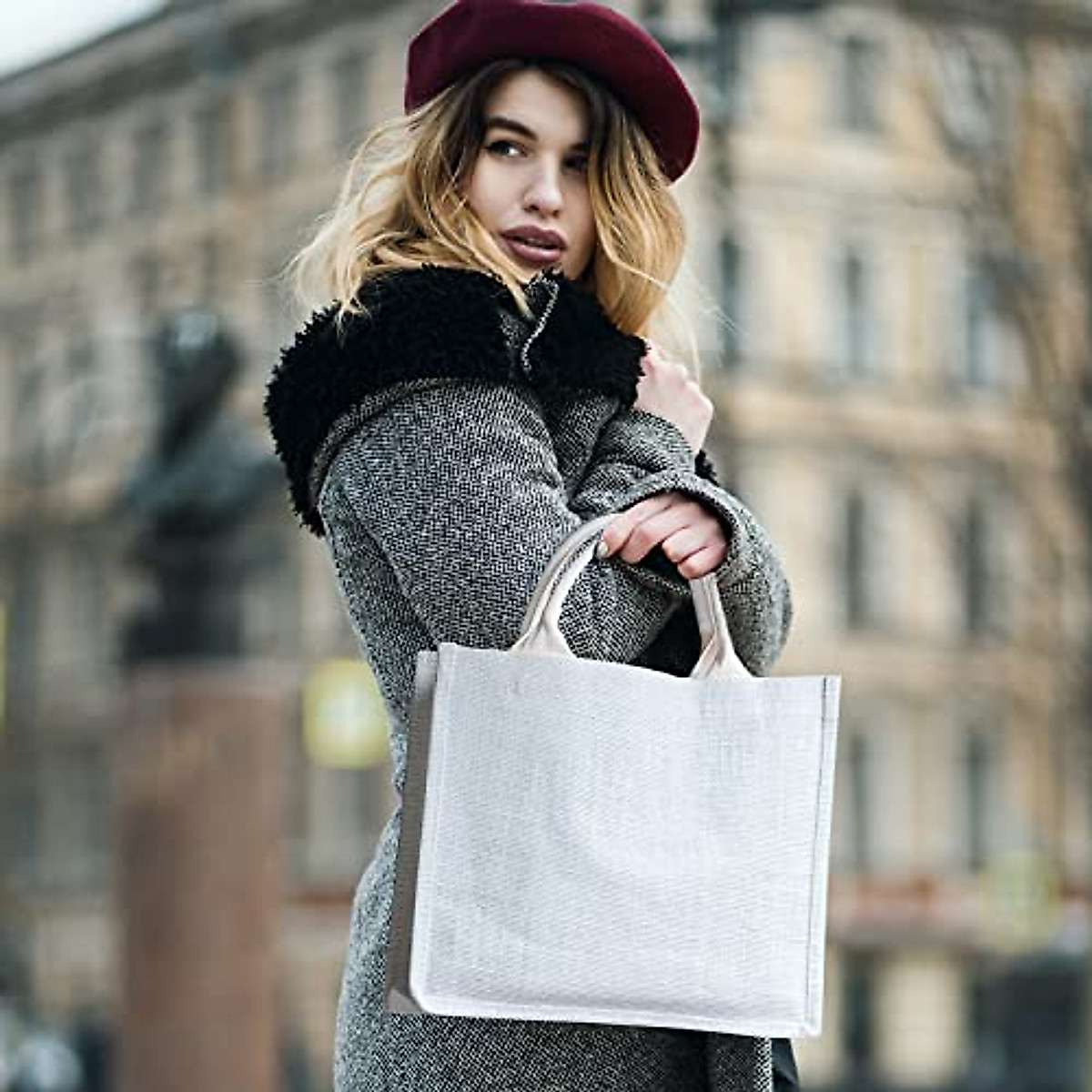 Segarty Tote Bags, 6 Pack Small White Burlap Jute Reusable Canvas Gift Favors Bag with Handles Blank Totes Bulk for Bridesmaid Wedding, Women Market Grocery Shopping, Bachelorette Party, Beach Trip