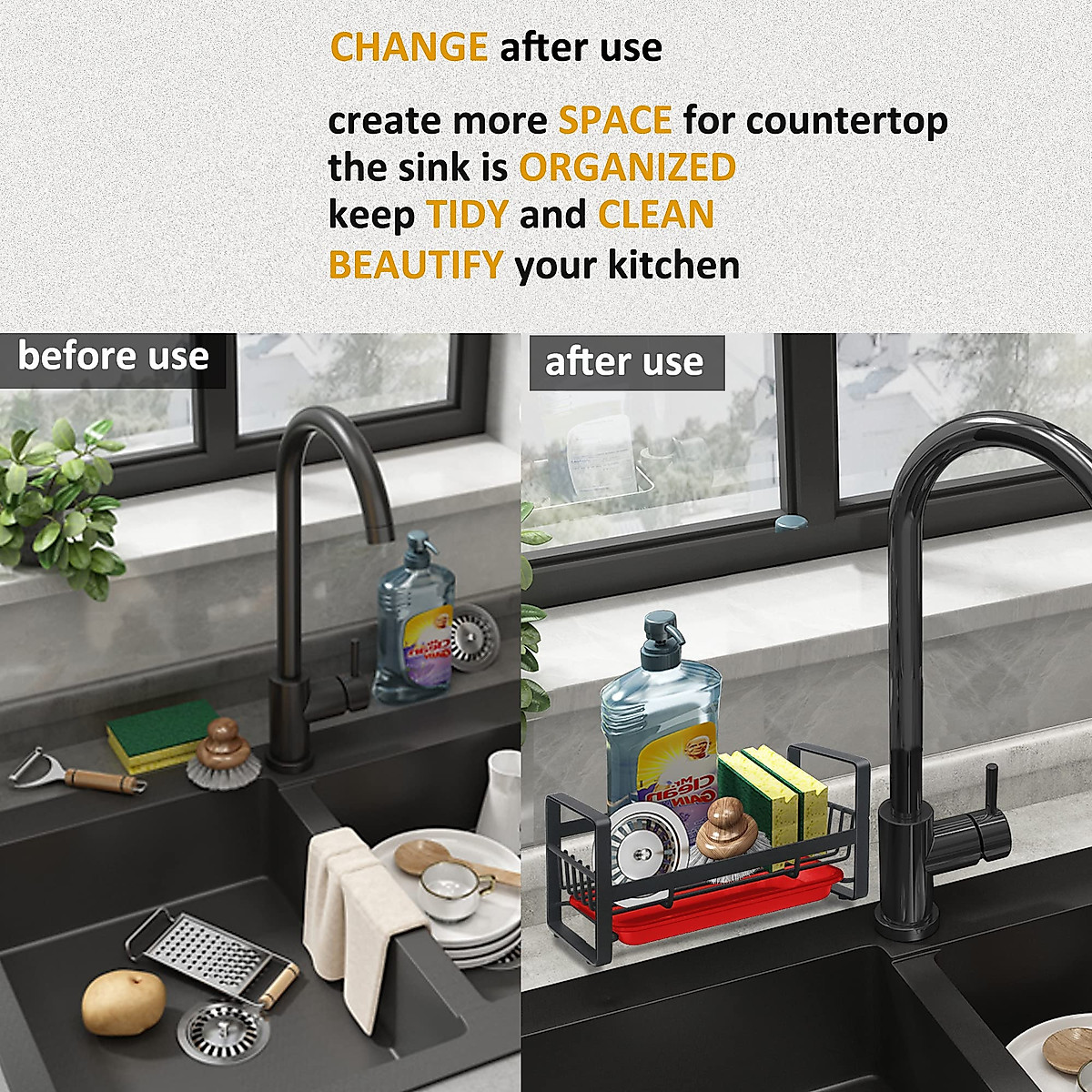 Kitchen Sponge Holder for Sink, Kitchen Sink Caddy Organizer, Sink Tray Drainer Rack, Dish Rags Brush Soap Storage Countertop with Removable Front Drain Pan - Black&Red