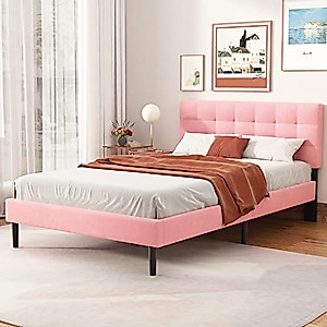 UNIZONE Queen Size Upholstered Bed Frame with Tufted Headboard, Velvet Platform Bed with Headboard, Wood Slats Support, Mattress Foundation, No Box Spring Needed, Easy Assembly, No Squeak, Pink