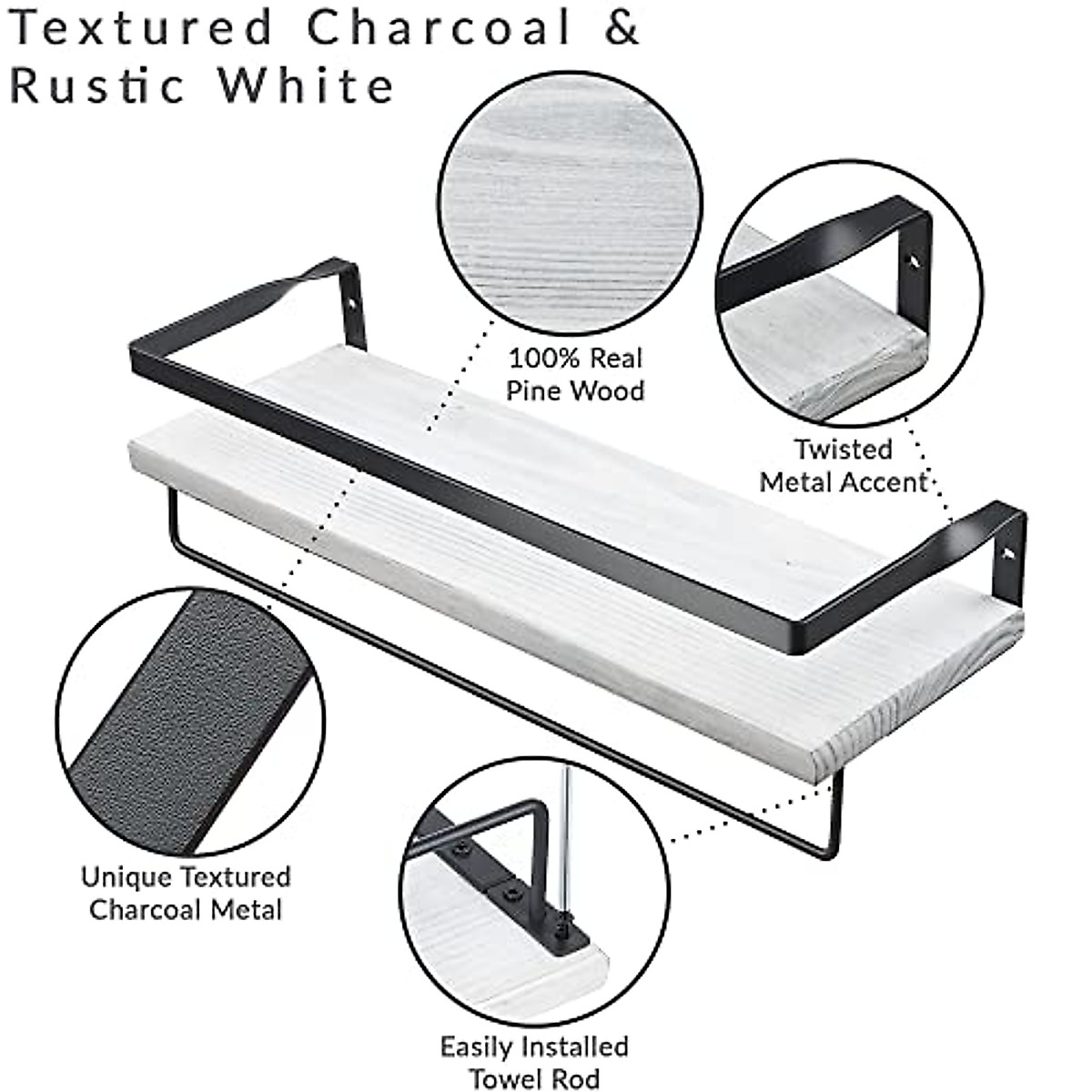 Peter's Goods Rustic Floating Wall Shelves with Rails - Decorative Storage for Bedroom, Bathroom, and Kitchen - Elegant, Modern Shelving - Rustic White Pine Wood, Charcoal Metal Frame - Set of 2