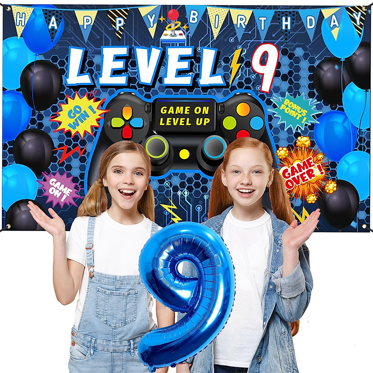 Vlipoeasn 90PCS 9th Birthday Video Game Party Decorations for Boys Set Blue 9th Birthday Supplies -9th Video Game Backdrop, Balloons, Tablecloth, Gamer and 9 Foil Balloons for 9th Birthday Party