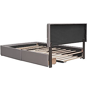 AMFSQJ Queen Size Upholstered Bed with 2 Drawer and 1 Twin Size Trundle Bed, Bedroom Platform Bed with Linen Fabric, Wooden Slat Frame, Wood Platform Bed for Teen, Adult (Light Gray)