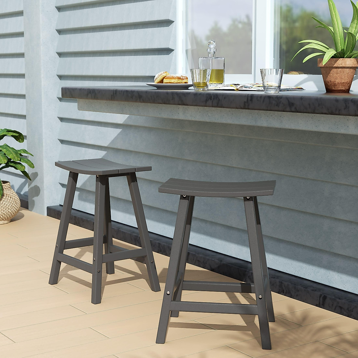 Costaelm All-Weather Bar Stools Set of 2, 24" Height Outdoor Bar Stools, Adirondack Poly Patio Bar Stool for Patio, Deck, Kitchen Counter and Garden, Gray