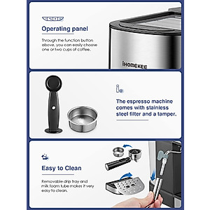 Ihomekee Espresso Machine 15 Bar Pump Pressure, Espresso and Cappuccino Coffee Maker with Milk Frother/Steam Wand for Latte, Mocha, Cappuccino, Silver - CM6826T