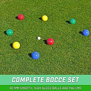GoSports 90 mm Backyard Bocce Set with 8 Balls, Pallino, Case and Measuring Rope - Made from Premium Resin