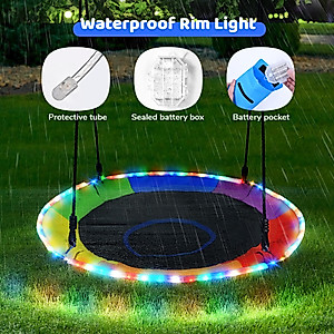 Trekassy 700lbs 40" Saucer Tree Swing for Kids Adults Outdoor with LED Lights, 2 Tree Hanging Straps-Rainbow