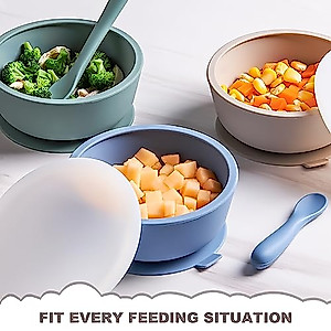 VITEVER 3 Pack Silicone Baby Bowls with Suction, Food Grade Silicone Toddler Bowls with Lids and Spoons, First Stage Set, BPA Free, Dishwasher, Microwave & Freezer Safe