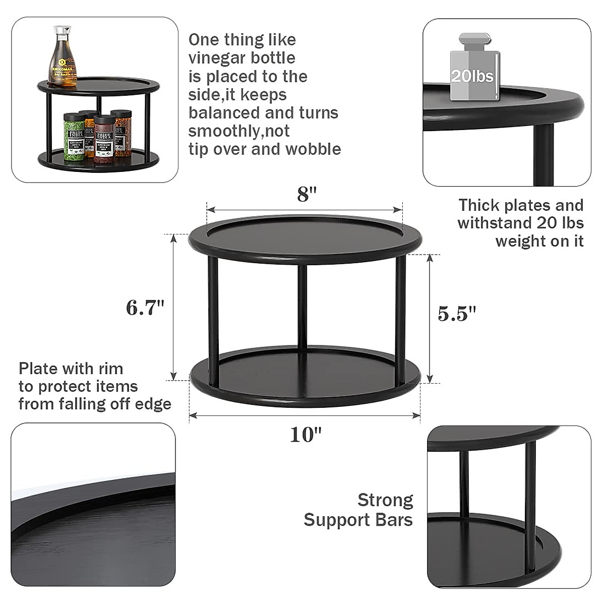 Lazy Susan Spice Rack Organizer - 2 Tier Bamboo Wooden Turntable for Cabinet,10 Inch Black