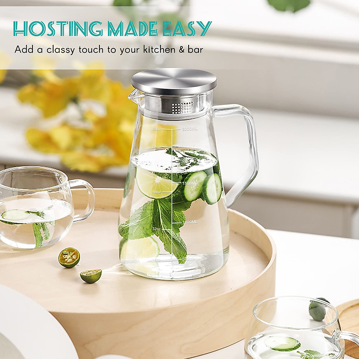 HIHUOS Glass Pitcher with Lid : 68oz Water Pitcher with Precise Scale Line, Easy Clean Heat Resistant Iced Tea Pitcher, Borosilicate Glass Carafe for Juice, Milk, Beverages, Mimosa Bar