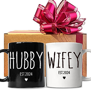 FALJIOK 11oz Coffee Mug Set EST 2024 Wifey & Hubby, Unique Coffee Mug Couples Sets Gift for Engagement Wedding Newly-Married Anniversary, Anniversary Present for Mother Father Grandparent