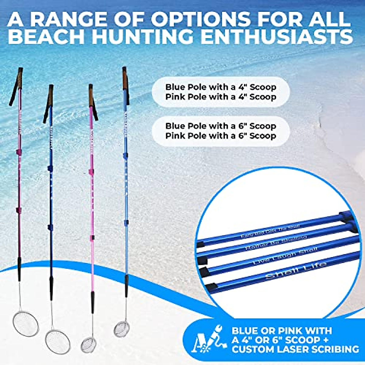 Sand Dipper Full Size Beach Scoop Shovel & Sifter Tool for Beachcombing – Adjustable Sea Glass, Shell, Shark Tooth Sifter for the Beach – Can Be Used as a Walking or Hiking Stick Too – 6”Basket (blue)