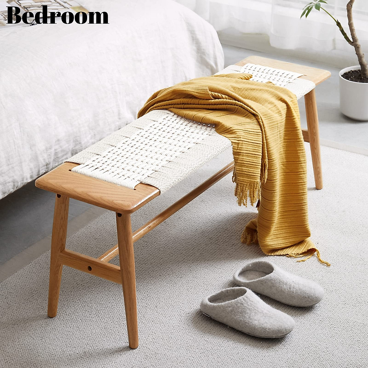 Grewood Wood Dining Bench,100% Natural Solid Oak with Rattan Design, Rounded Edge, Bench for Entryway Hall, Dining Room,Bedroom, Living Room (Off-White, 31.49 inch)