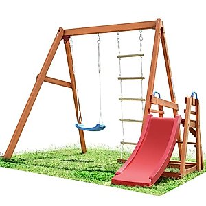 Kiriner Wooden Swing Set with Slide, Outdoor Playset Backyard Activity Playground Climb Swing Outdoor Play Structure for Toddlers, Ready to Assemble Wooden Swing-N-Slide Set Kids Climbers