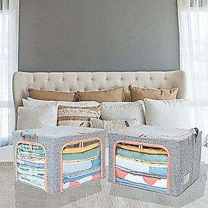 Tasmegol 2 Pack 66L Linen Fabric Clothes Storage Organizer Bins with 3 Opening Stackable Steel Frame Clothing Closet Containers Bags Foldable Clear Window Cloth Box for Sweater Bedding (Grey)