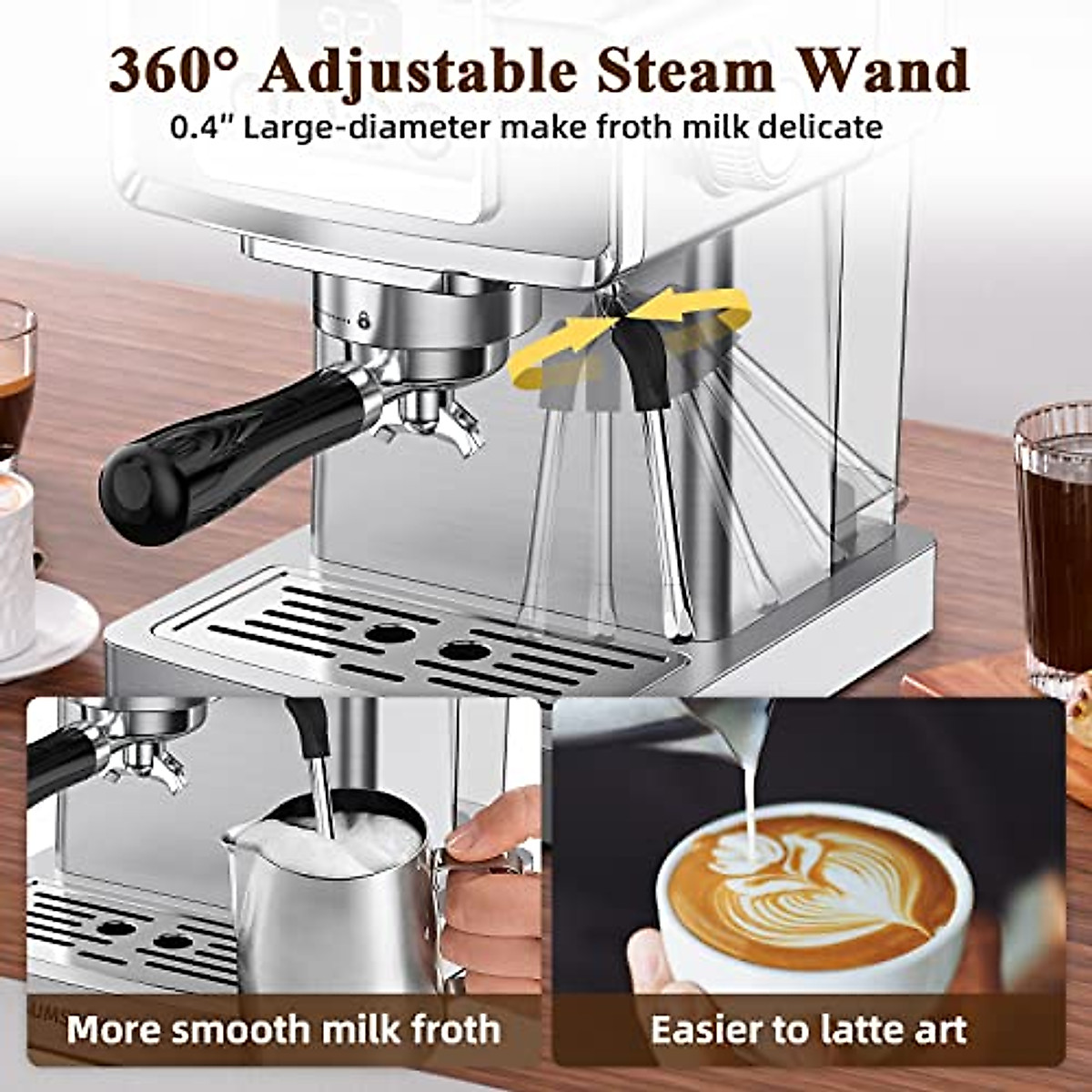 SUMSATY Espresso Machine, Espresso Machine with Milk Frother, Fast Heating Automatic, Latte and Cappuccino Machine, 20 Bar Espresso Maker, Stainless Steel, 1.8L Water Tank