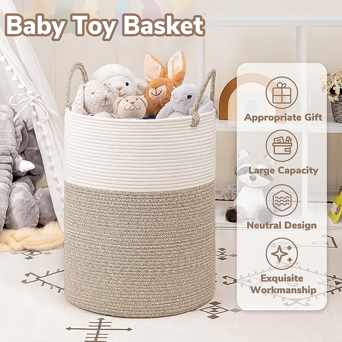 INDRESSME Large Laundry Hamper, Baby Laundry Hamper for Toys, Tall Woven Laundry Basket for Clothes, Blanket Storage Basket for Living Room, 19.7 x 13.8 inches, Light & Brown