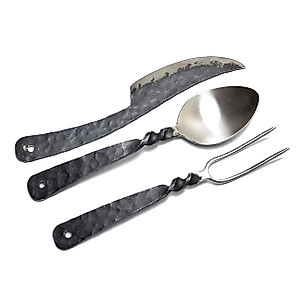 Handforged Medieval Cutlery Set - Stainless Steel Knife, Fork and Spoon Set - Includes Genuine Leather Utensil Pouch