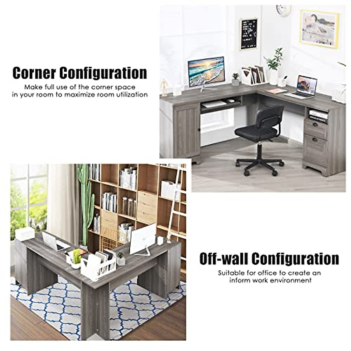 Tangkula 66" × 66" L-Shaped Desk, Corner Computer Desk with Drawers Keyboard Tray and Storage Cabinet, Home Office Desk, Sturdy and Space-Saving Computer Workstation