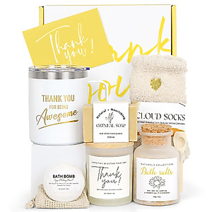 Thank You Gifts for Women, 8pcs Employee Appreciation Gifts Baskets for Women Thank You Farewell Gifts for Coworkers Teacher Boss Hostess Secretary Nurse Mom Pastor- Best Spa Gratitude Box w/Candle