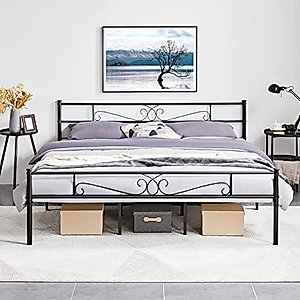 Yaheetech California King Bed Frames Metal Platform Bed with Headboard and Footboard for Bedrooms No Box Spring Needed Easy Assembly,Ground Clearance: 12.6"/Black/California King Bed