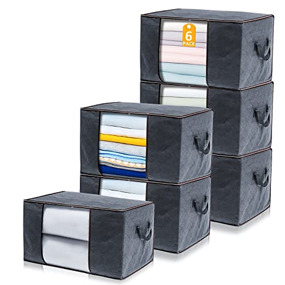 Storage Bags Storage Bins Large Thick for Comforters Blankets Clothes 6 pack 90L Closet Organizers with Durable Handles Clear Window Foldable Storage Bins (6)