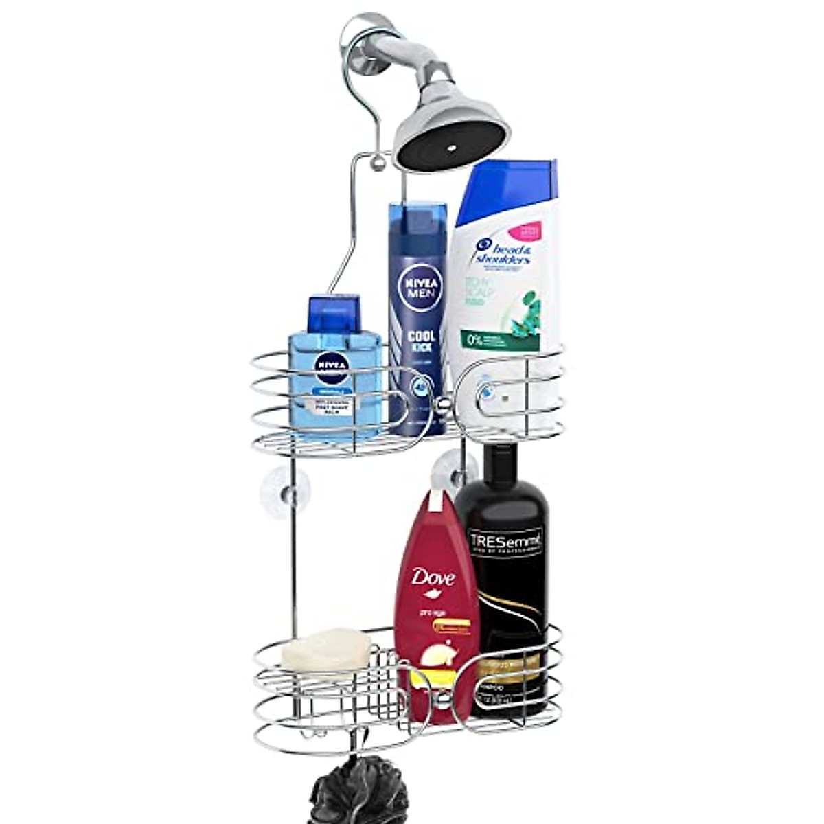 SKATCO Hanging Shower Caddy - 2-Tier Rust-Resistant Stainless Steel Shelves Chrome Rack Over Shower Head Organizer Bathroom Basket Storage Holds Shampoo, Conditioner, Soap, Bath Sponge, Razors