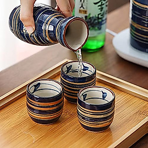 5 Pieces Sake Set 200ml Sake Pot 50ml Sake Cup Set Japanese Traditional Hand Painted Design Porcelain Pottery Ceramic Cups Crafts Wine Glasses (Blue Wise)