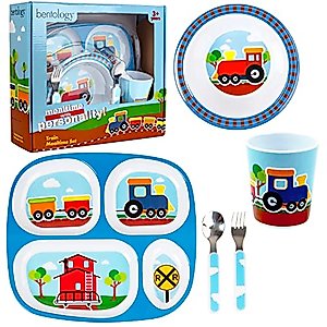 5 Pc Mealtime Set for Kids & Toddlers, Train Theme-Includes Divided Plate, Bowl, Fork & Spoon - Dishwasher Safe, Durable, BPA Free-Cute Compartment Dish to Put Food in 4 Sections for Easy Self-Feeding