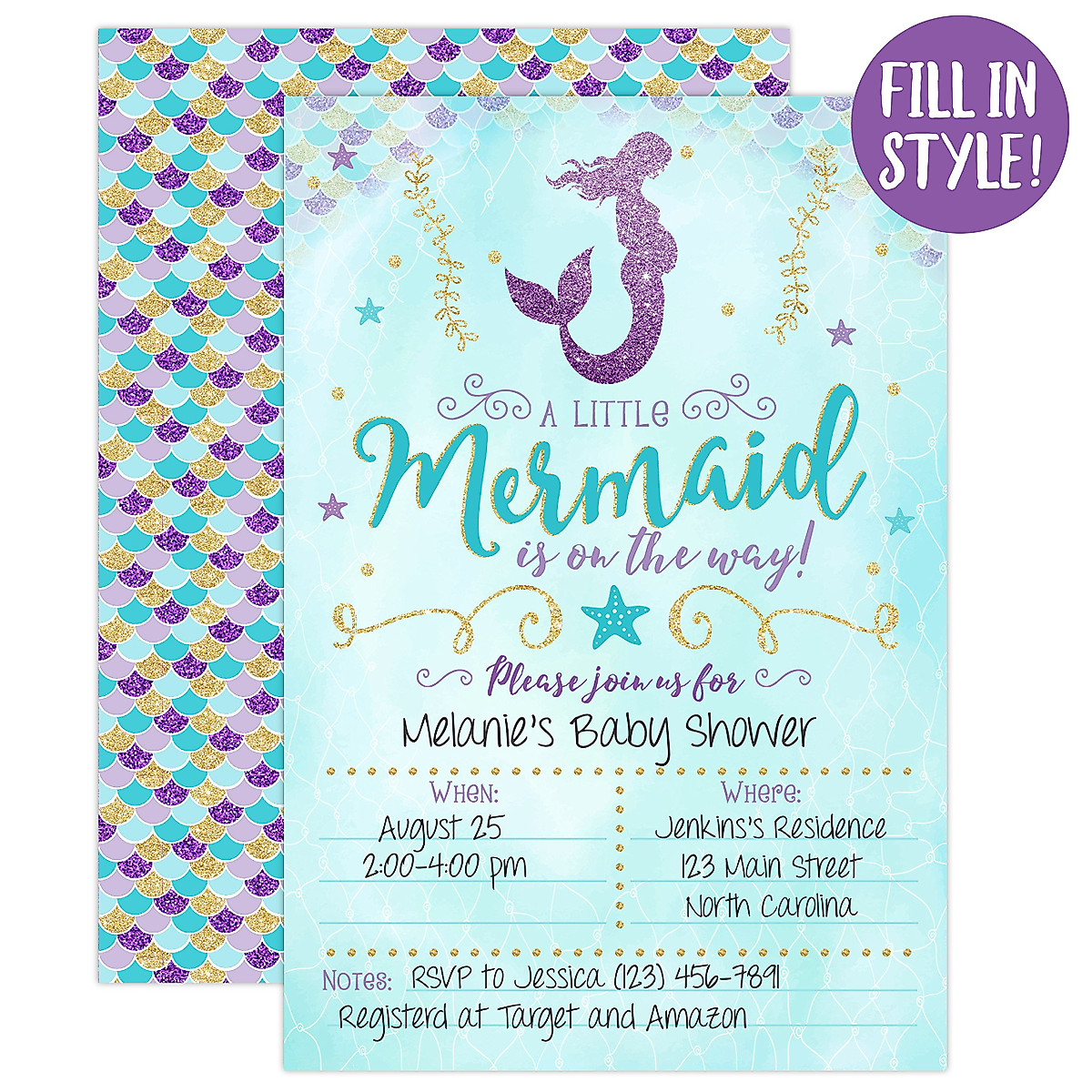 Your Main Event Prints Mermaid Baby Shower Invitation, Blue and Gold Mermaid Baby Shower, Baby Sprinkle Invite, 20 Fill in Invitations and Envelopes