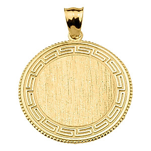 Trendy Necklaces 14K Yellow Gold 1-1/8" Round Greek Meandros Hellenic Key Milgrain Brushed Finish Engravable Medal Pendant Charm