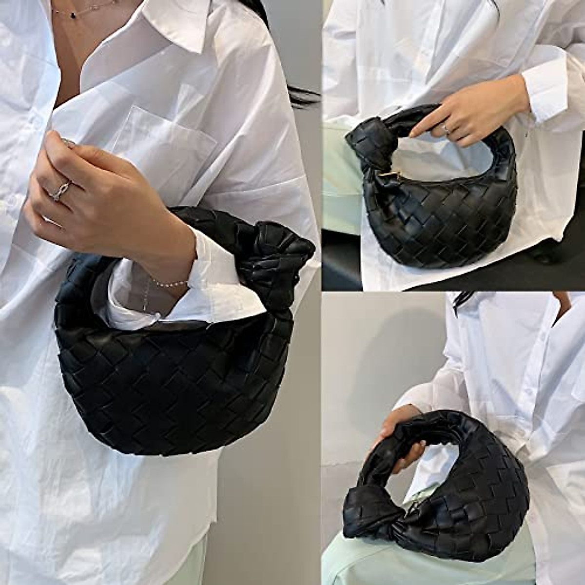 Woven Handbag Leather Shoulder Bag designer handbags for women Soft Fashion Mini Retro 2022 Handmade Hobo bag Clutch Purse (Black)