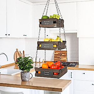 J JACKCUBE DESIGN 3-Tier Rustic Wood Hanging Fruit Basket, Kitchen Fruit, Vegetable Storage Organizer, Countertop Space Saver- Heavy Duty Metal Hooks- MK1008A
