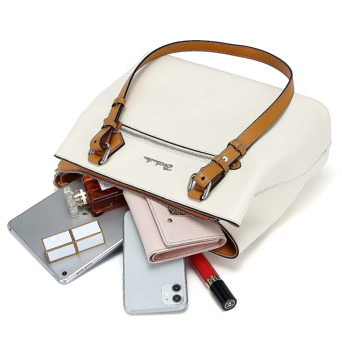 BOSTANTEN Women Handbag Genuine Leather Soft Designer Top Handle Purses Bundle with Women Leather Wallet RFID Blocking Small Bifold Wallet with ID Window