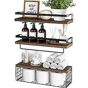 Floating Shelves with Storage Basket, Bathroom Shelves Over Toilet Paper Holder Storage Shelves, Wall Mounted Rustic Wood Shelves for Bathroom, Bedroom, Living Room, Kitchen(Brown, Set of 3)