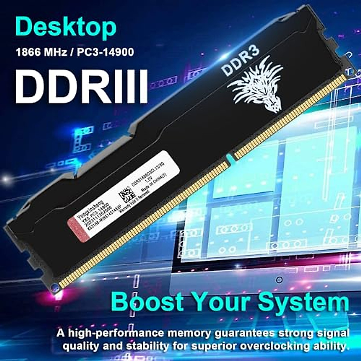 Yongxinsheng 16GB (8GBx2) DDR3 1866MHz (PC3 14900) CL13 Desktop Memory 240Pins 1.5V Non-ECC Unbuffered Ddr3 UDIMM RAM - Black