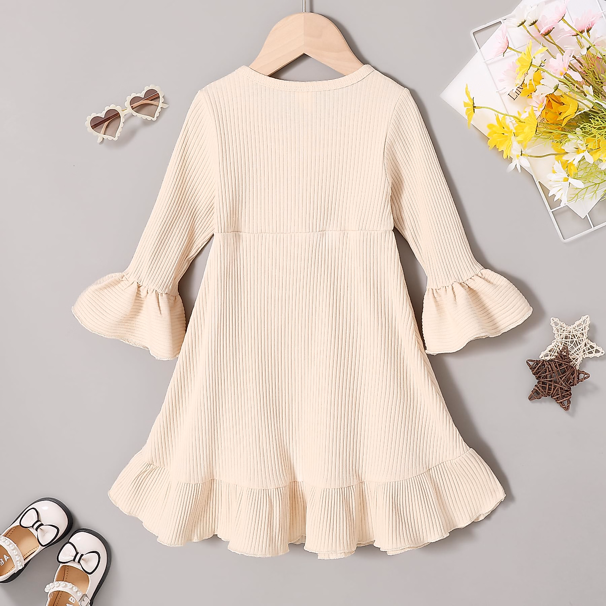YOUNGER TREE Toddler Baby Girls Fall Clothing Solid Cotton Pit Irregular Skirt Winter Dress Long Sleeve Skirt Outfits(Ruffle-Beige, 2-3T)