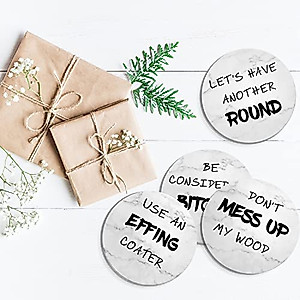 AODAYS Coasters for Drinks with Holder, White Marble-Style Absorbent Round Ceramic Drink Coaster, Bar Coaster with 6 Sayings, Set of 6 with Cork Base (Funny)