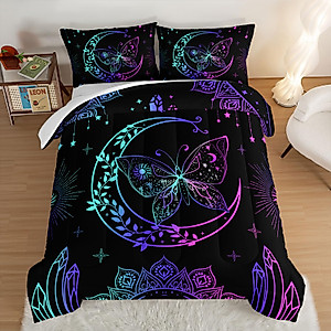 HOSIMA Butterfly Comforter Set 3-Piece with 2 Pillowcases, Black Boho Mandala Comforter Bedding Set for Girls' Twin Bed in a Bag